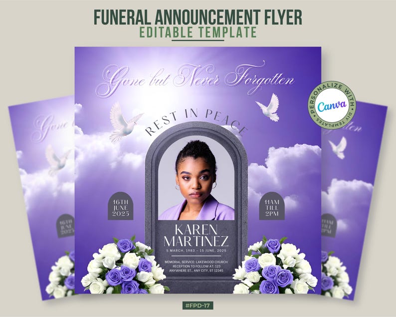 Memorial Template Purple Rose With Tombstone Arch & Doves | Obituary ...