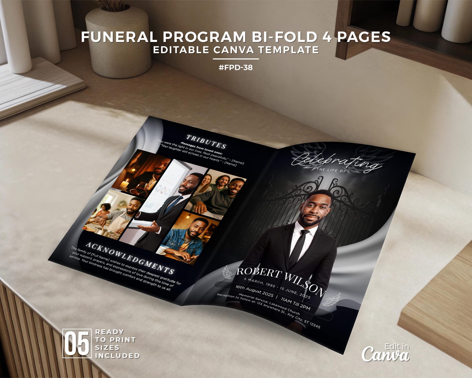 Men's Funeral Program Template: Black Obituary Bifold (canva Editable ...