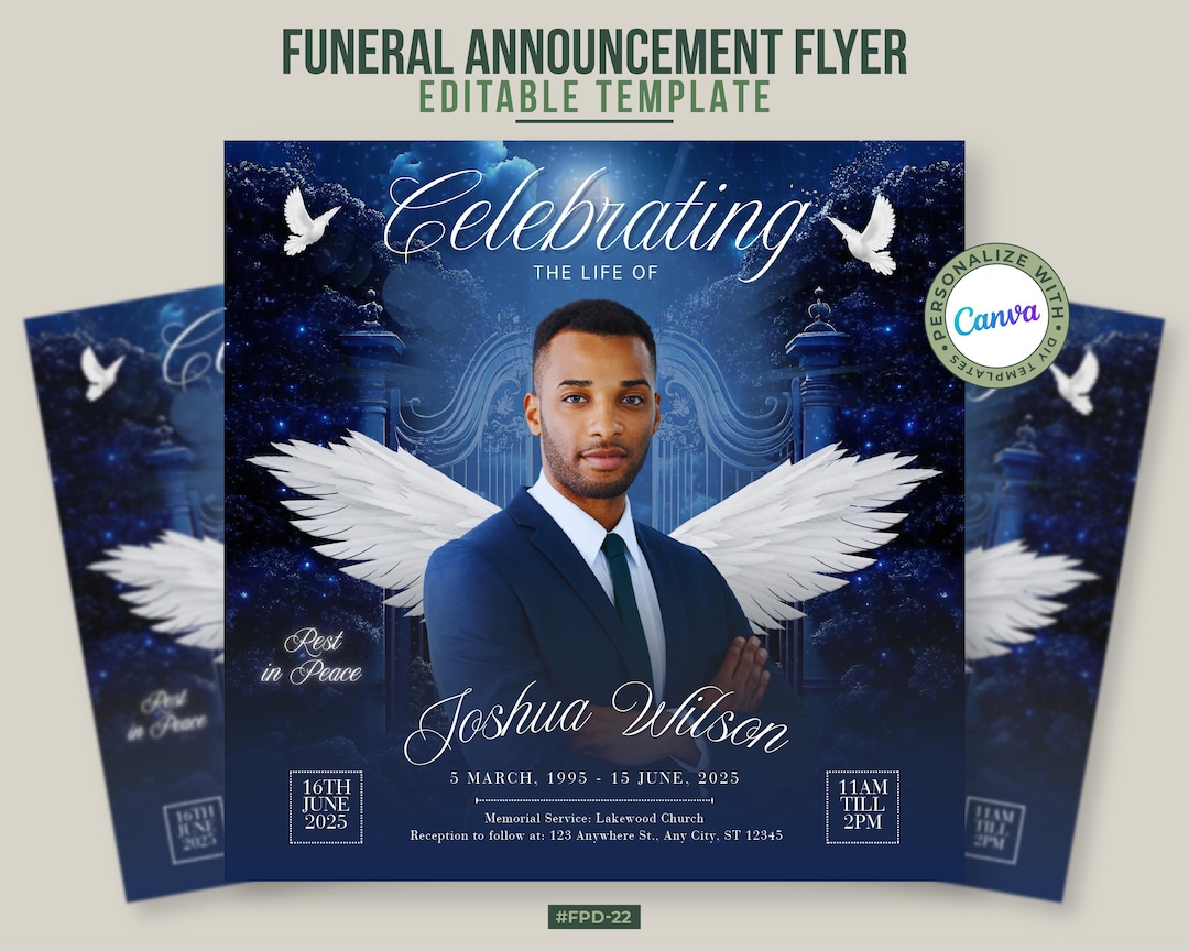 Angel Wings Obituary Flyer: Navy Blue Memorial Invitation (canva ...