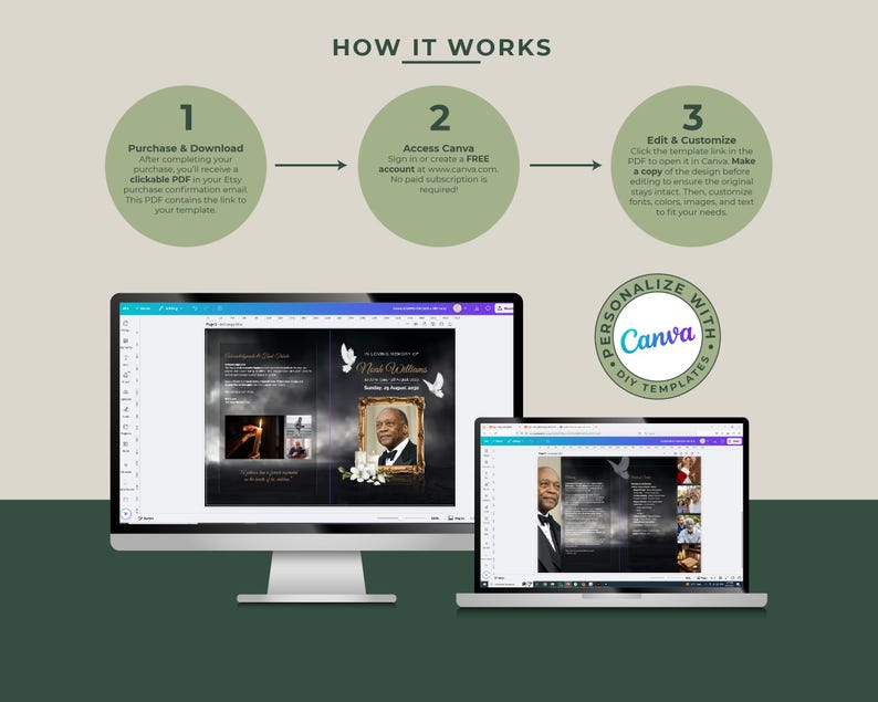 Funeral Program Template for Men - Editable Canva Design, Obituary ...