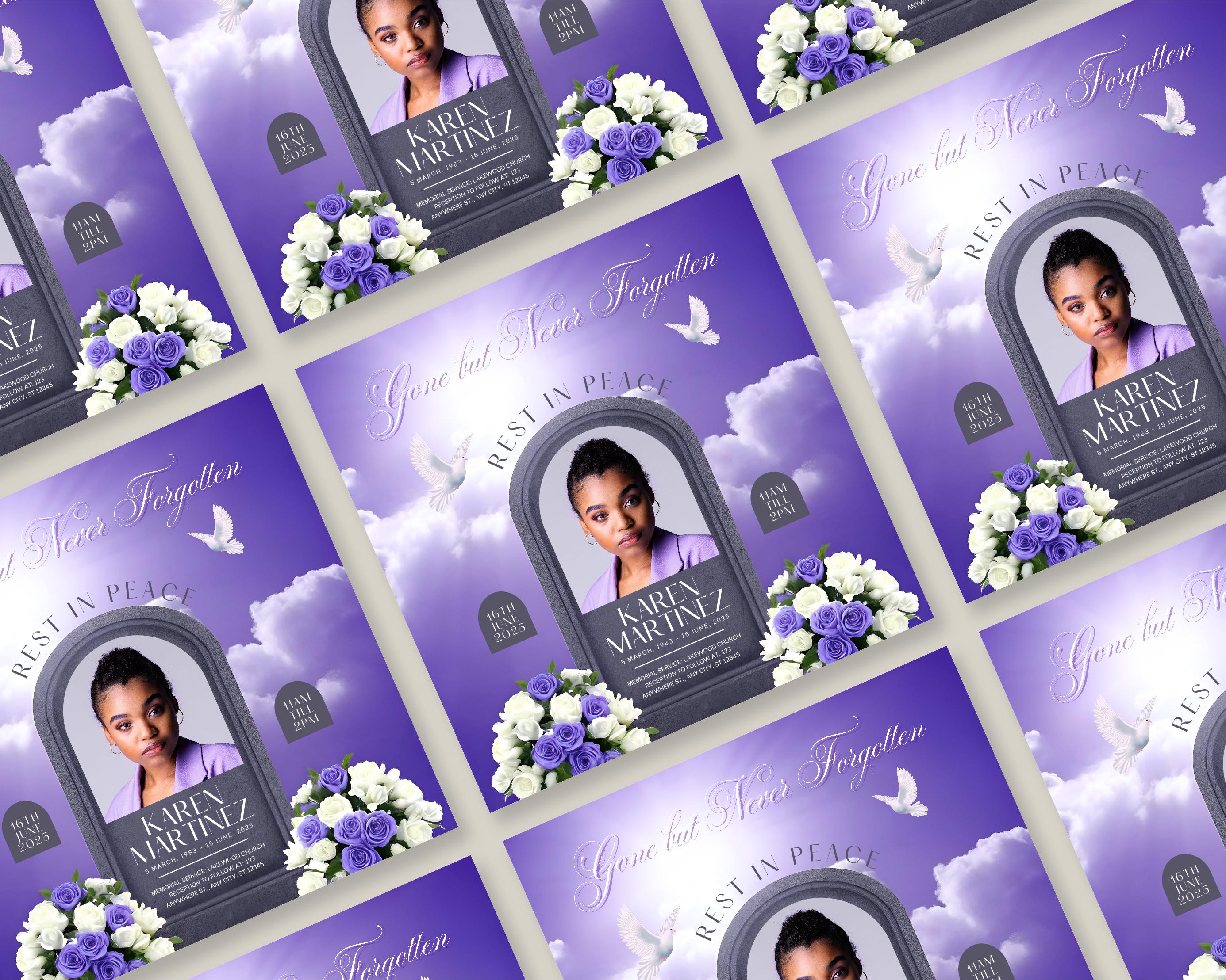Memorial Template Purple Rose With Tombstone Arch & Doves | Obituary ...