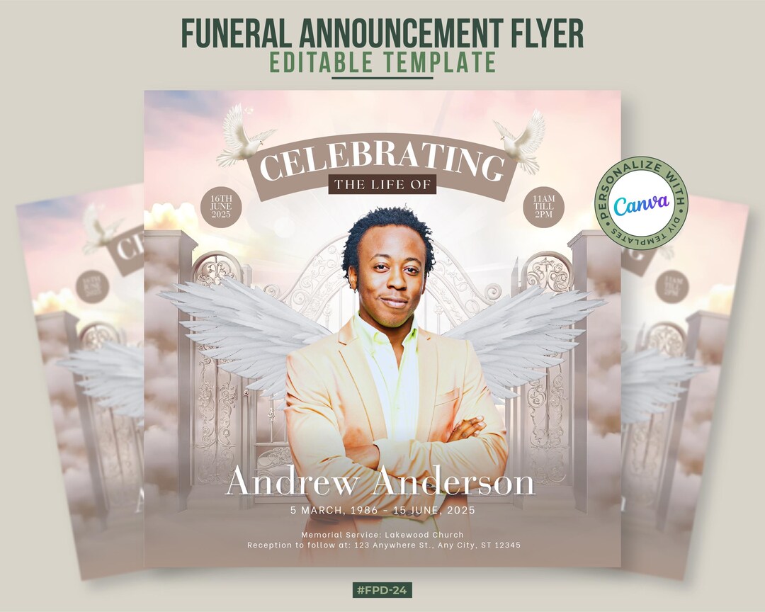 Heavenly Memorial Announcement: Angel Wings Obituary Template (canva ...