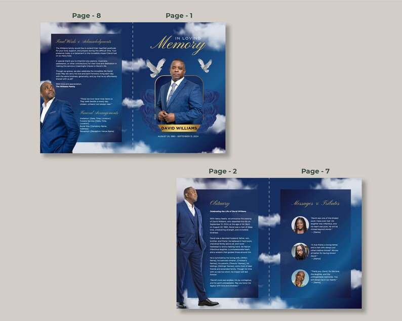 Blue & Gold Funeral Program Template: 8-page Bi-fold Booklet (digital ...
