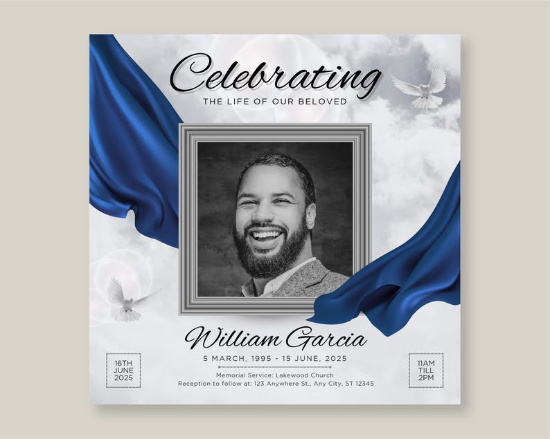 Celebration of Life Flyer, Black & Blue Funeral Announcement, Funeral ...