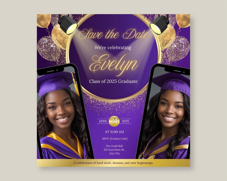 Purple and Gold Graduation Flyer Template: Class of 2025 (canva ...