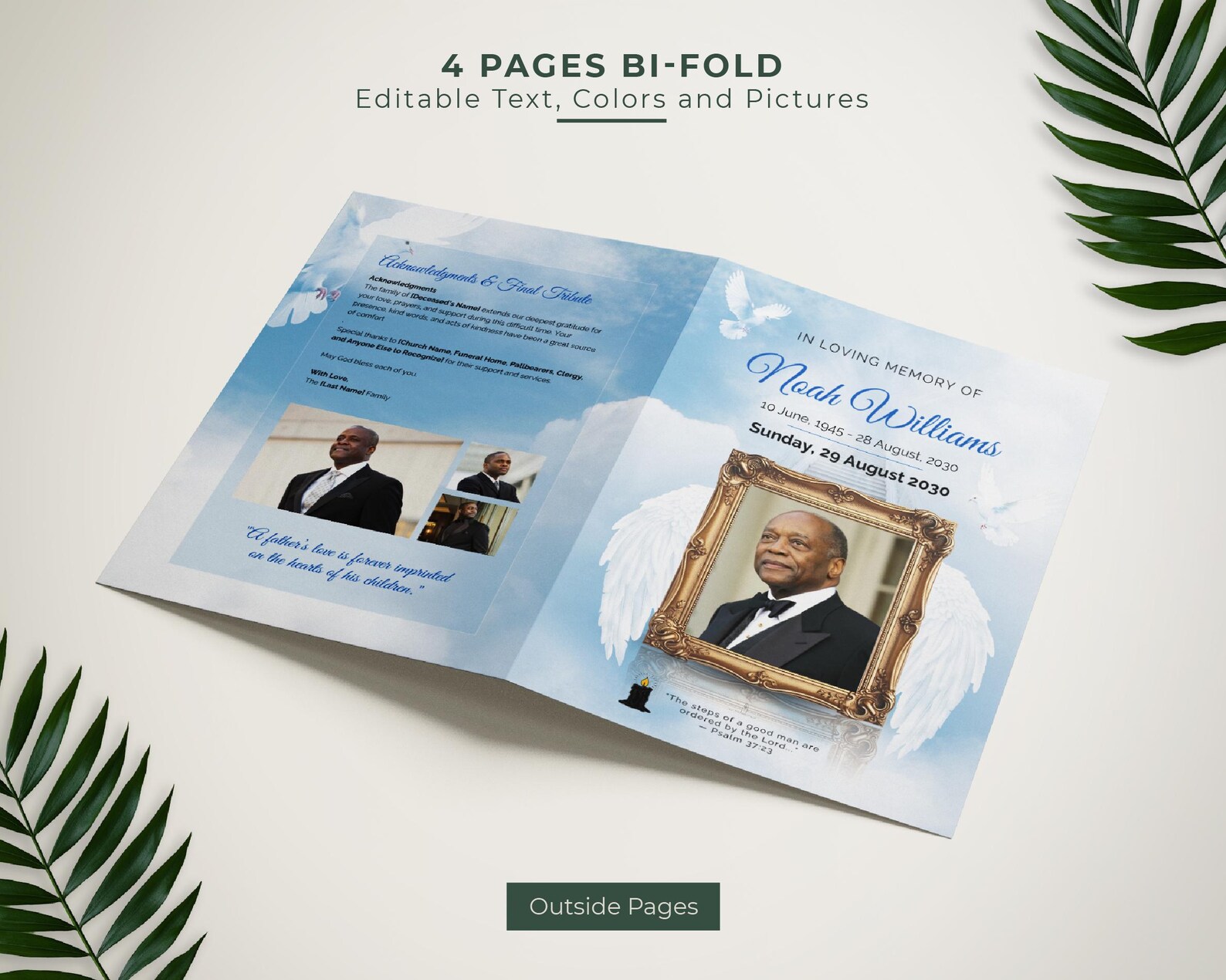 Funeral Program Template for Men - Editable Canva Design, Obituary ...