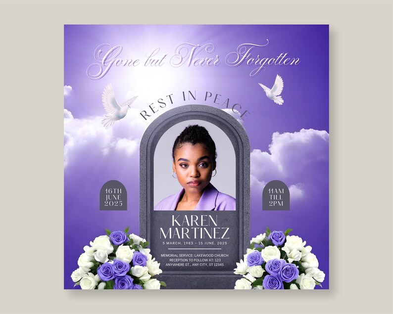 Memorial Template Purple Rose With Tombstone Arch & Doves | Obituary ...