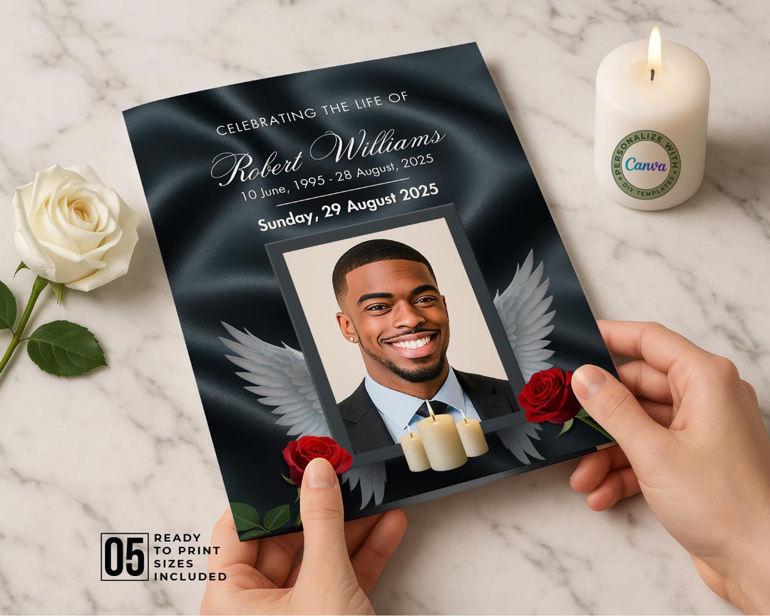 Charcoal Gray Funeral Program Template With Angels: Memorial Bifold ...