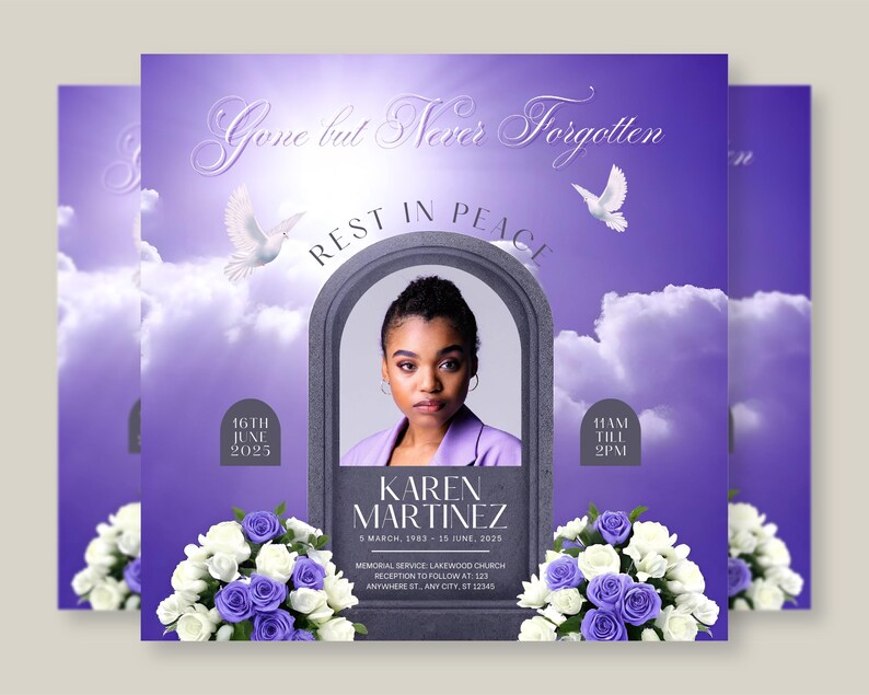 Memorial Template Purple Rose With Tombstone Arch & Doves | Obituary ...