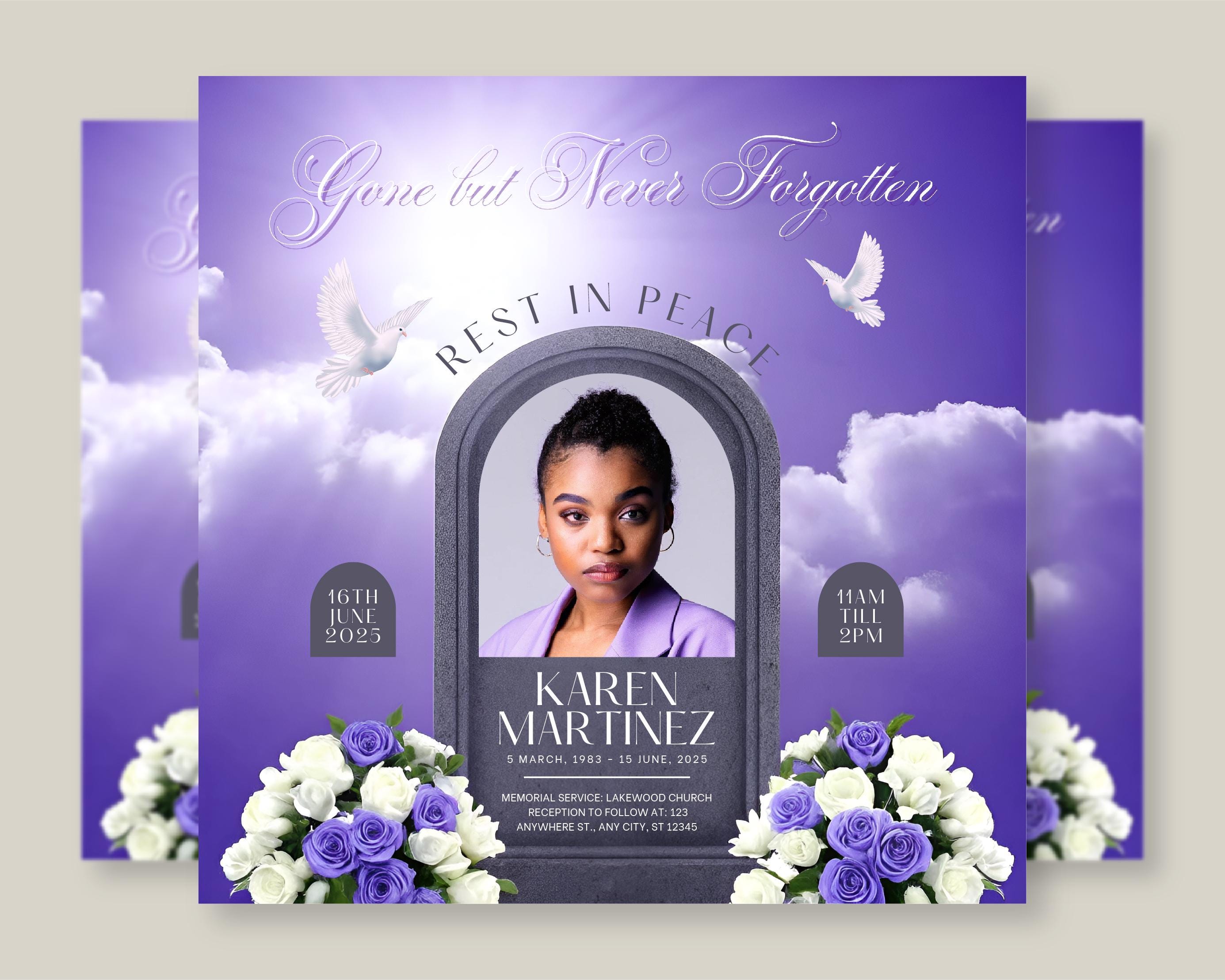 Memorial Template Purple Rose With Tombstone Arch & Doves | Obituary ...