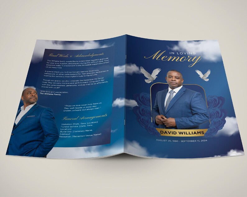 Blue & Gold Funeral Program Template: 8-page Bi-fold Booklet (digital ...