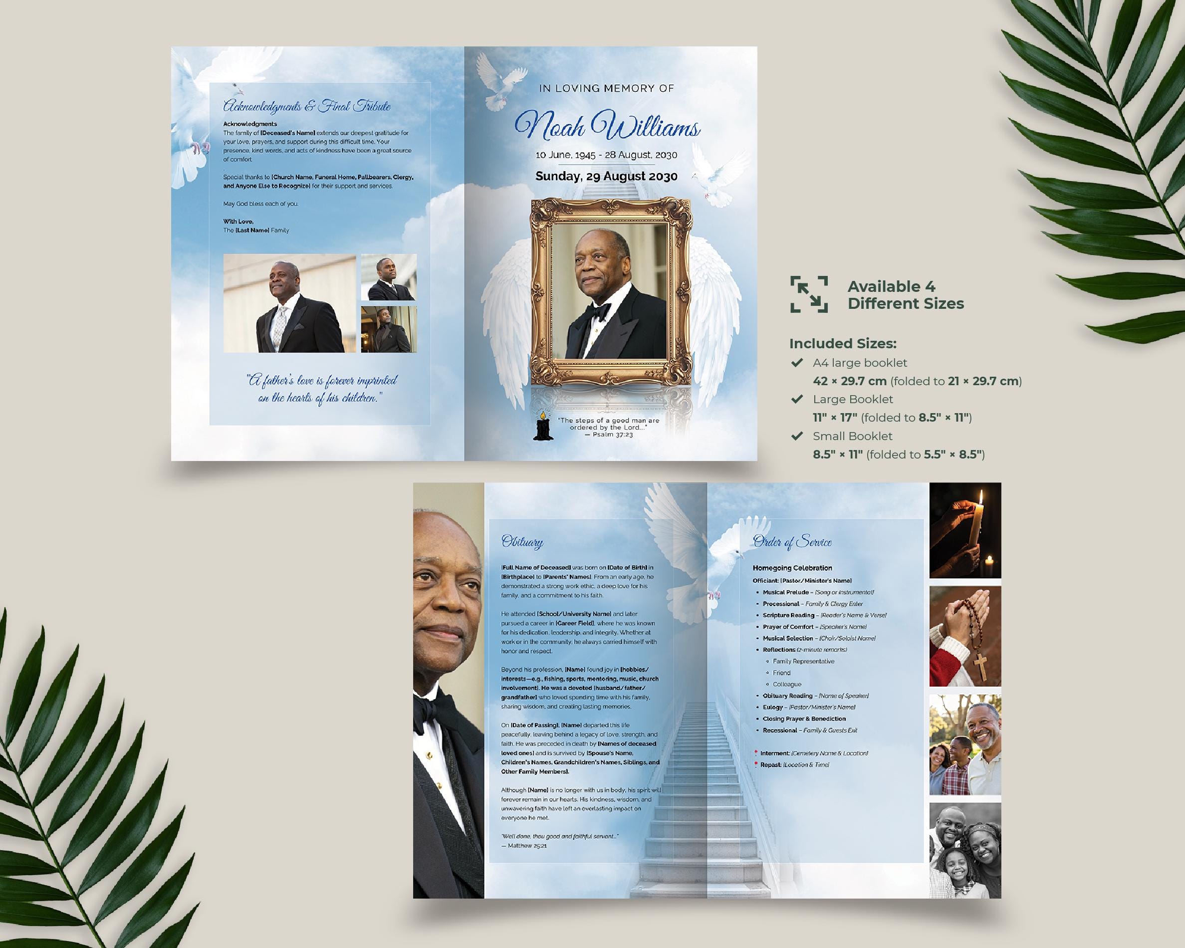 Funeral Program Template for Men - Editable Canva Design, Obituary ...