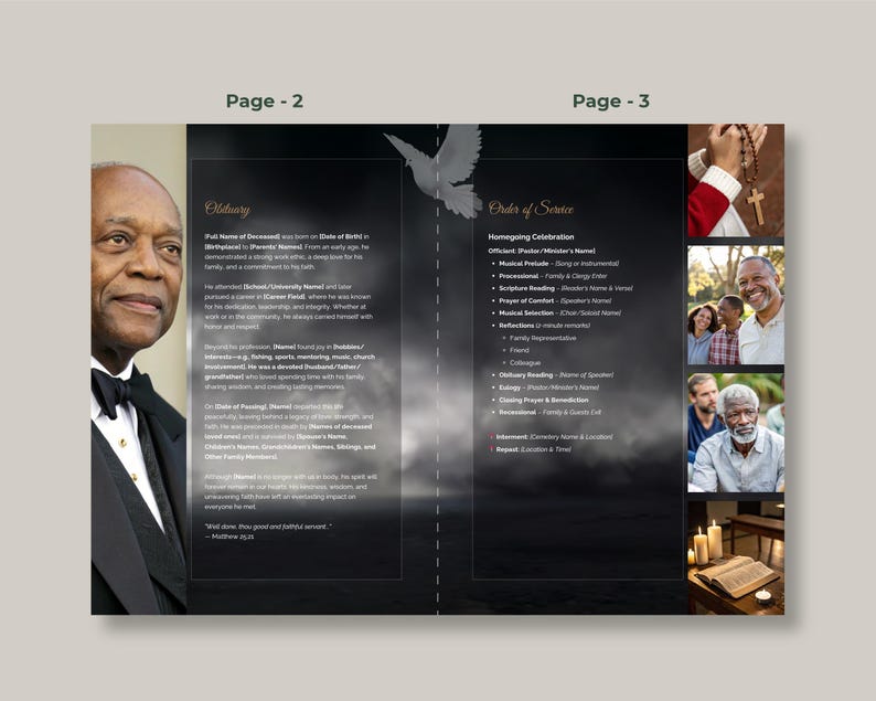 Funeral Program Template for Men - Editable Canva Design, Obituary ...