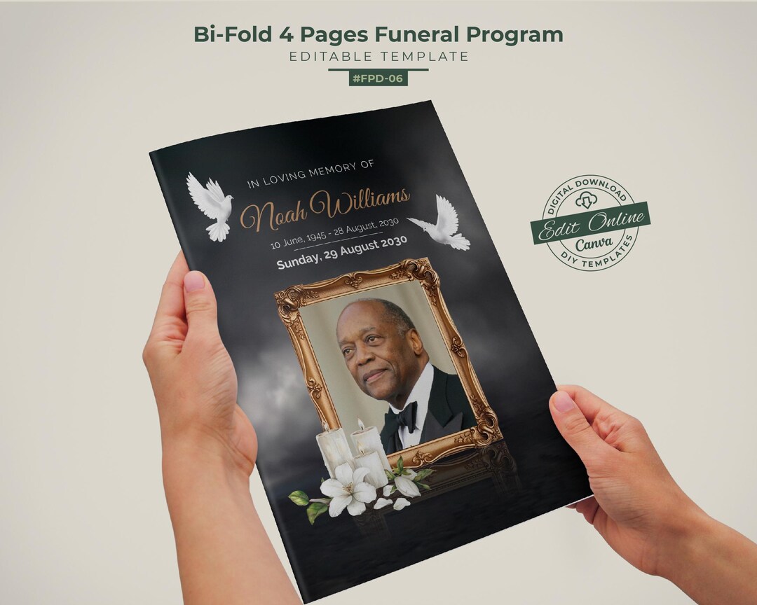 Funeral Program Template for Men - Editable Canva Design, Obituary ...