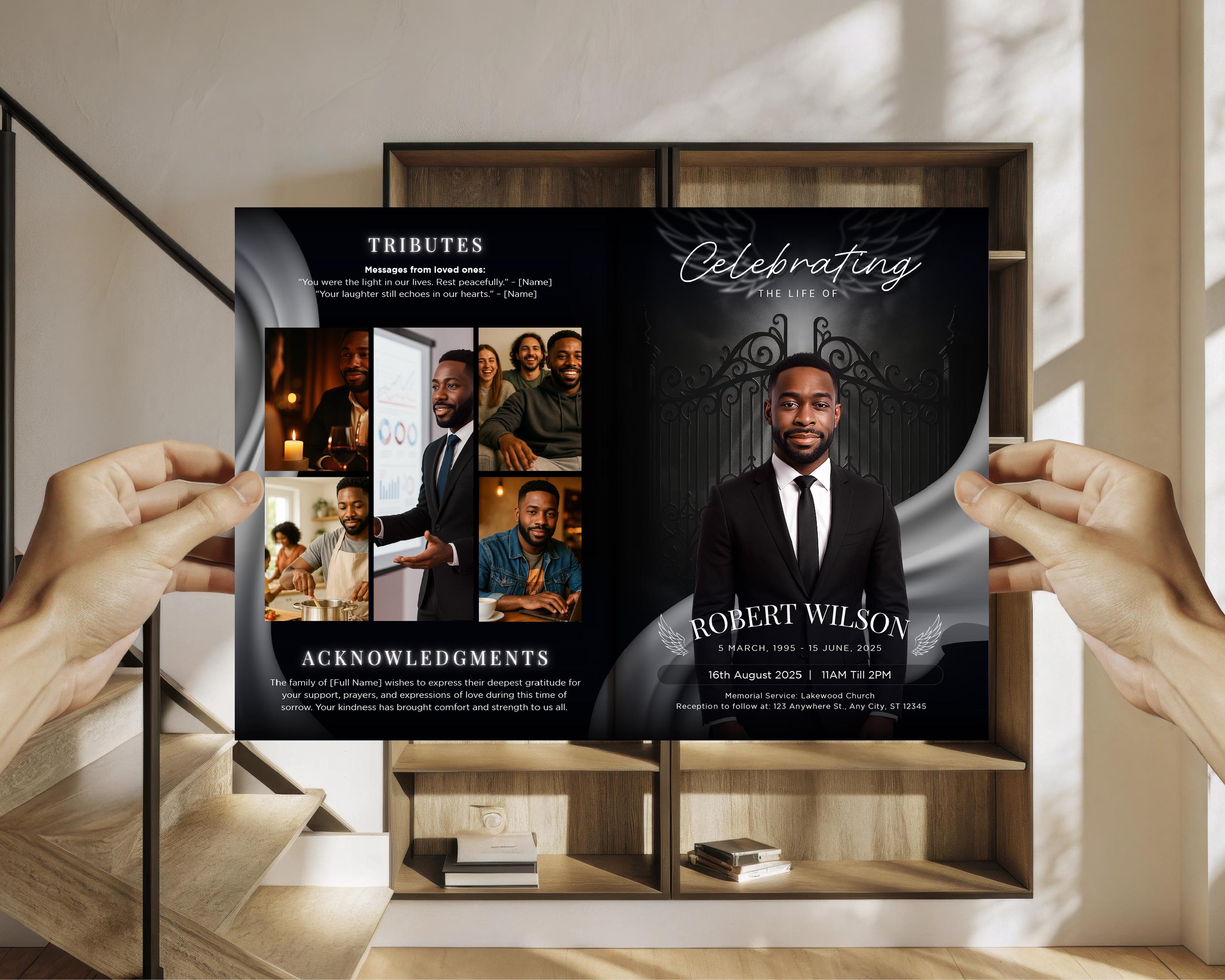 Men's Funeral Program Template: Black Obituary Bifold (canva Editable ...