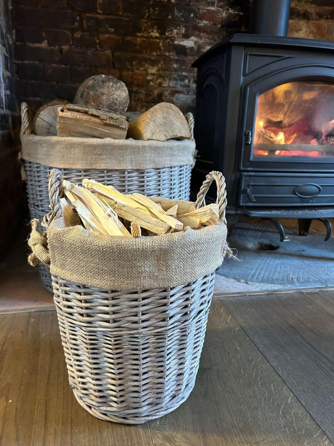 Round Driftwood-wash Wicker Log Fireside Storage Basket With Hessian ...