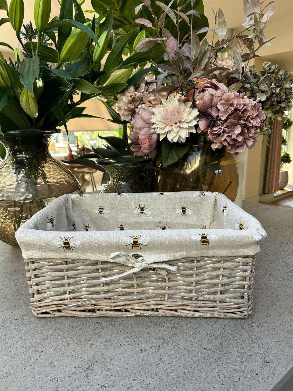 Shallow Wicker Storage Baskets With Bumblebee Bee Beige Liner Kitchen ...