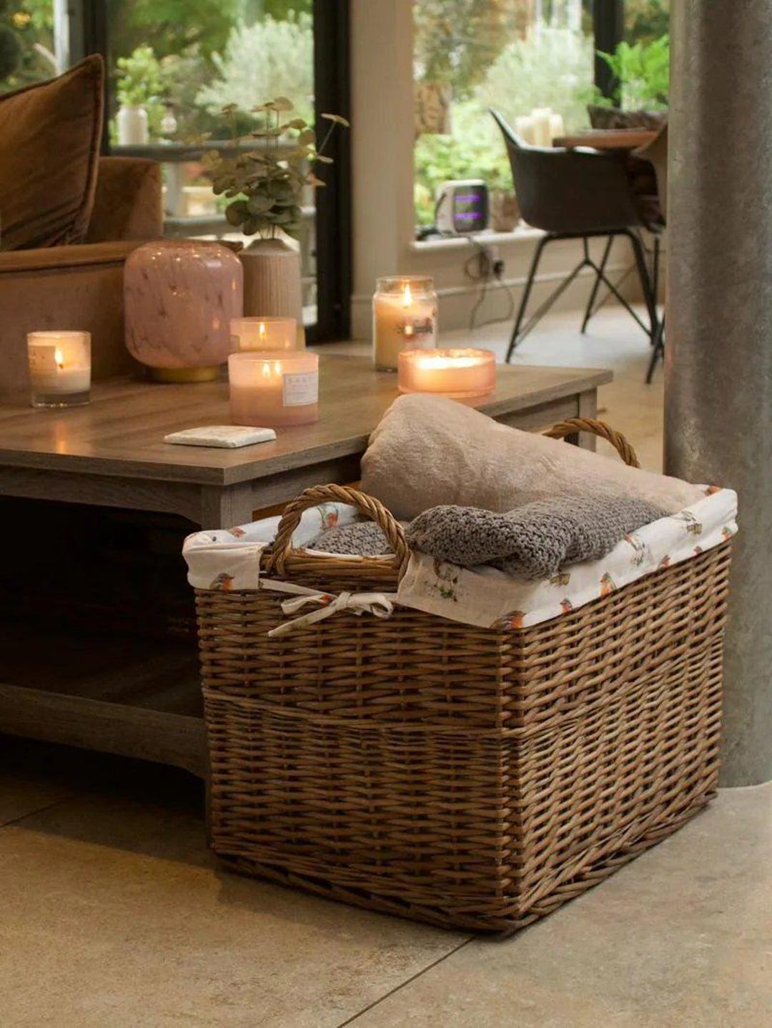 Rectangular Natural-wash Wicker Log Fireside Storage Basket With Robin ...