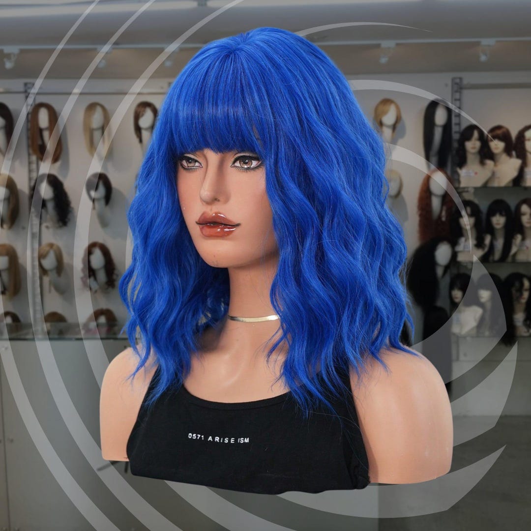 Sapphire Blue Bob Wig – Short Wavy Synthetic Hair With Bangs, Heat Safe ...