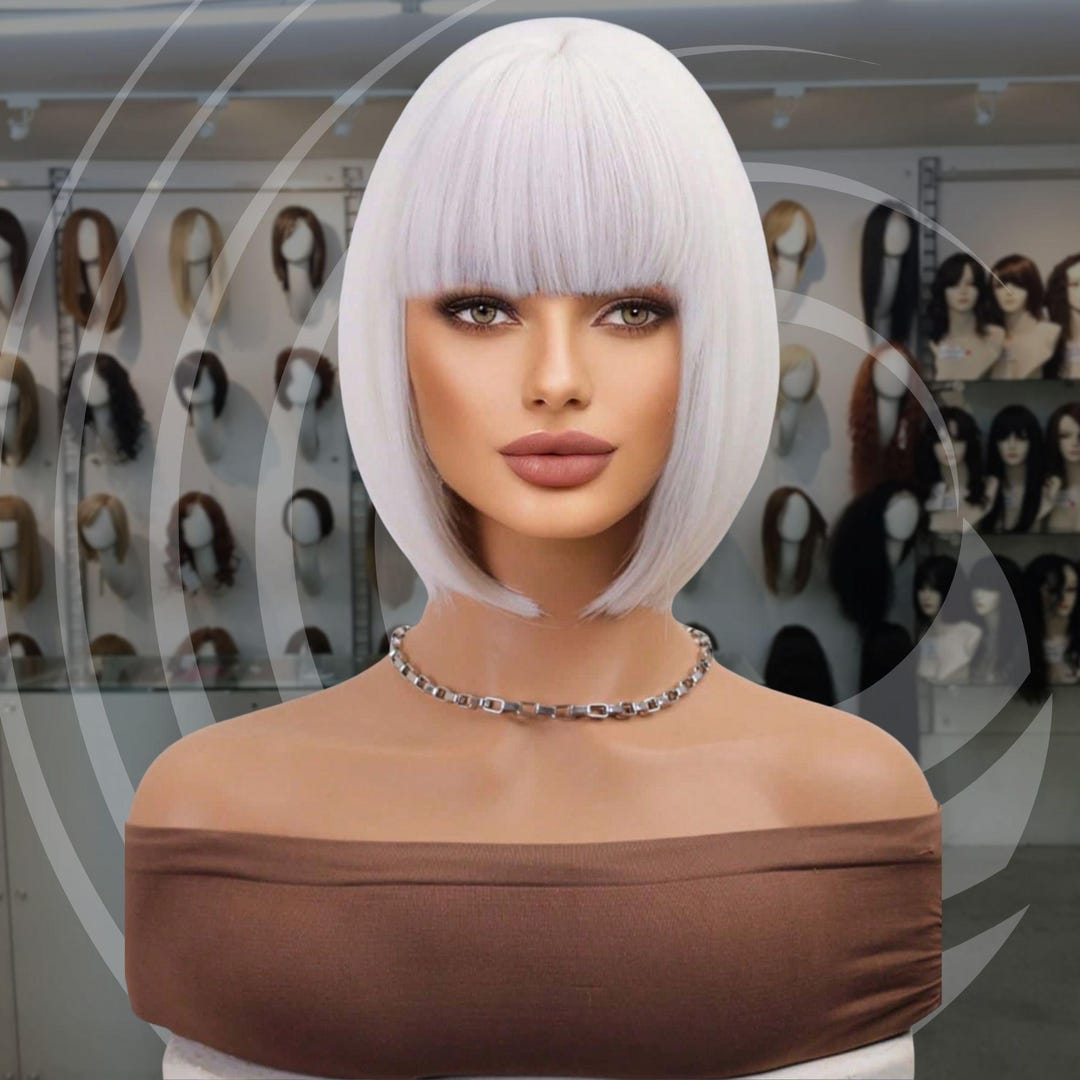 Short White Bob Wig With Bangs Straight Synthetic 12 Inch - Etsy