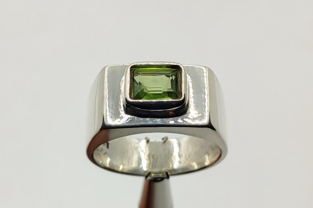 Emerald Cut Natural Green Peridot Simple Ring: Handmade Sterling Silver ...