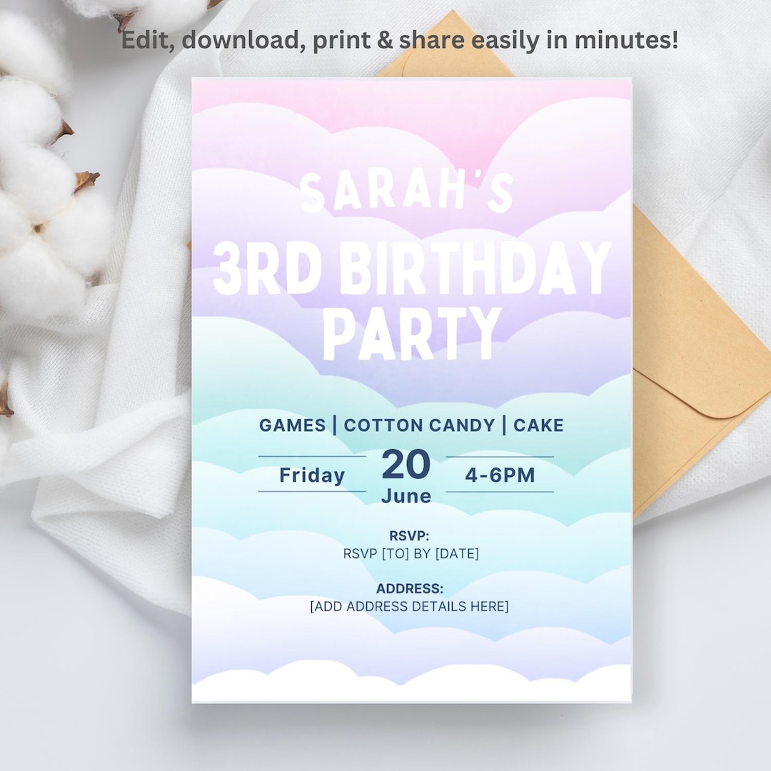 Cloud Birthday Invitation: Colorful Kids Party, Editable Canva Template ...