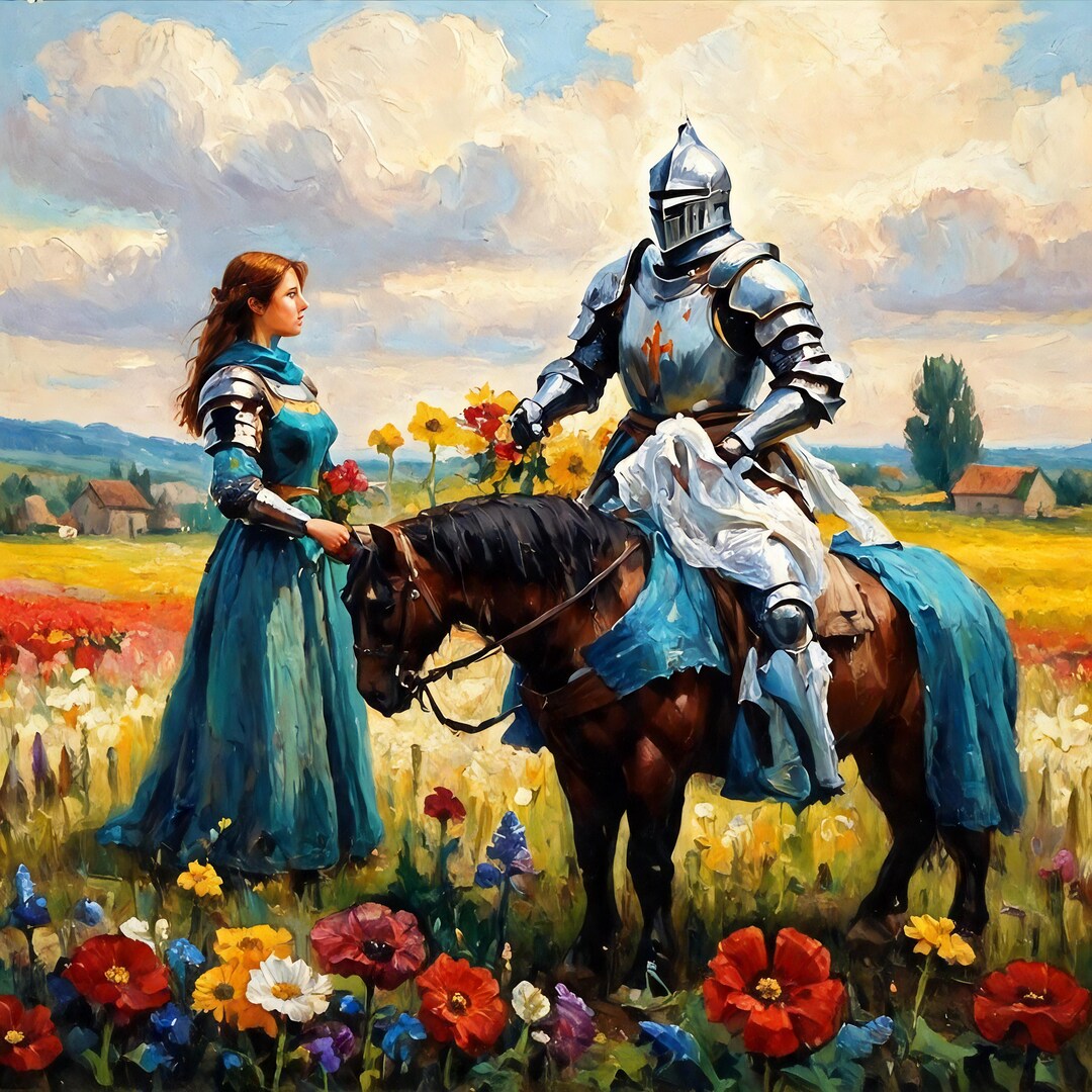 Knight and Female in a Flower Field Digital Art Print | Fantasy Romance ...