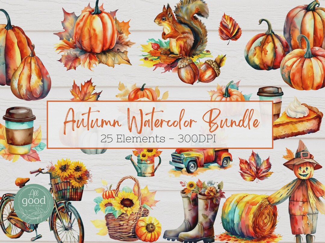Watercolor Fall Decor Clipart | Bright & Vibrant Autumn Watercolor in ...