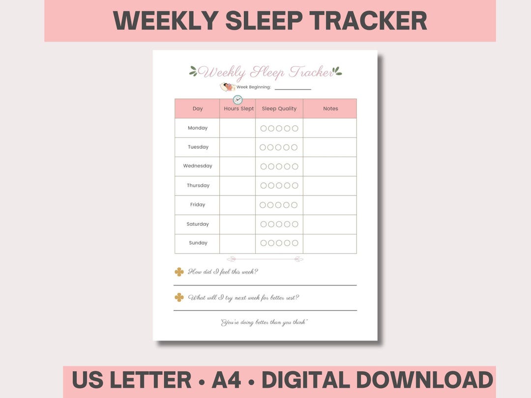 Weekly Sleep Tracker Printable: A4 & US Letter PDF (digital Download - Etsy