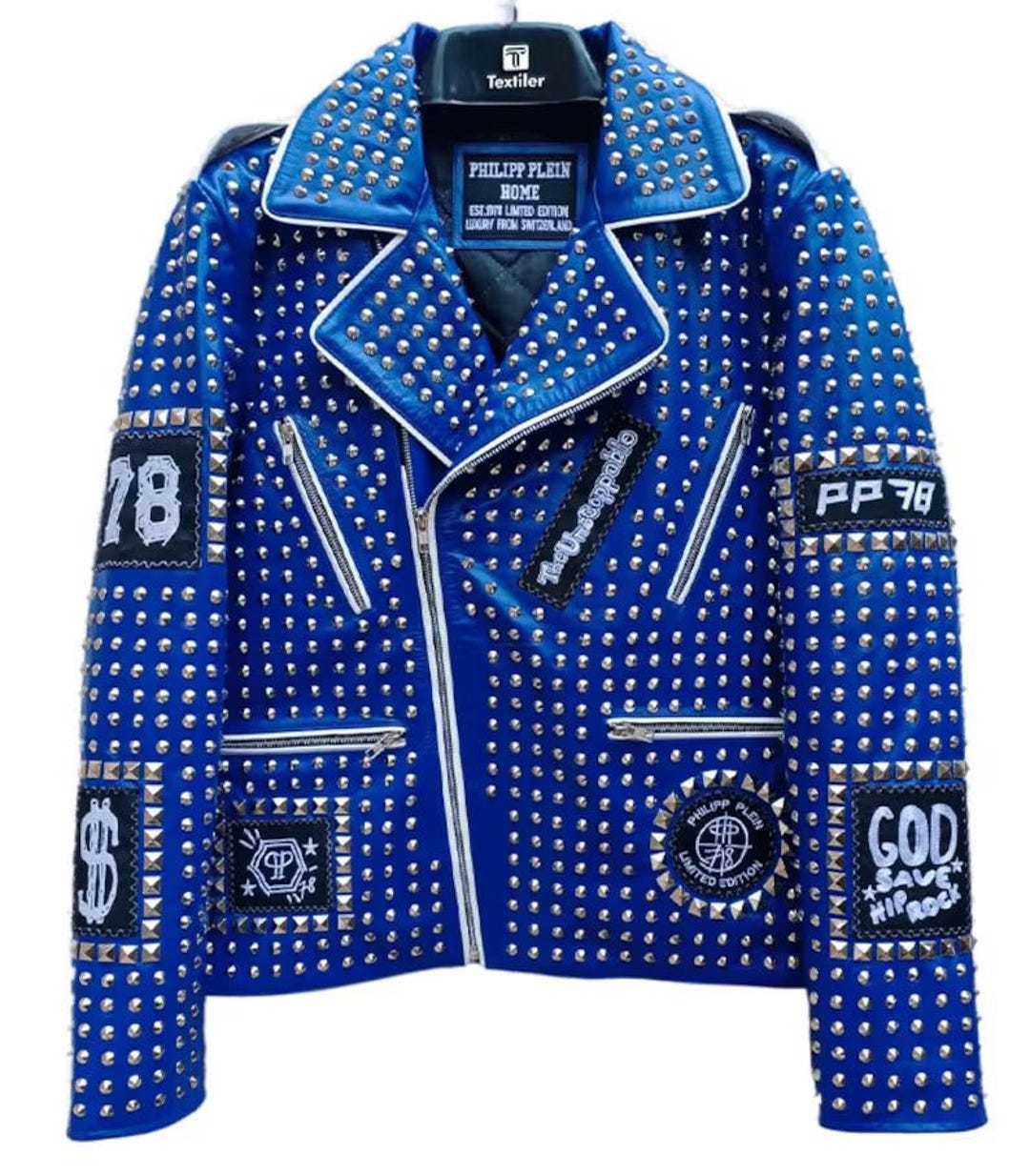 Handmade PHILLIP PLEIN Blue Leather Full Studded Jacket, Men's Steam ...