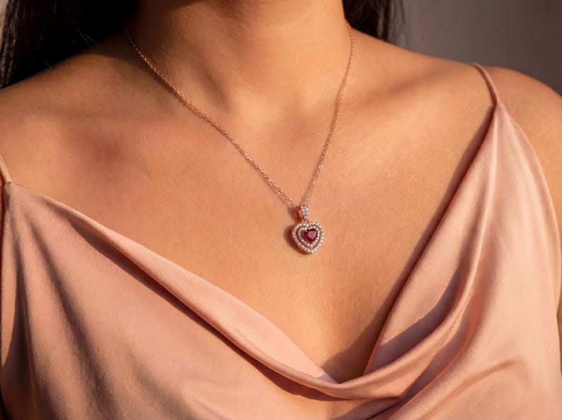 Natural Garnet Heart Pendant, Sterling Silver Double Halo Necklace - Etsy