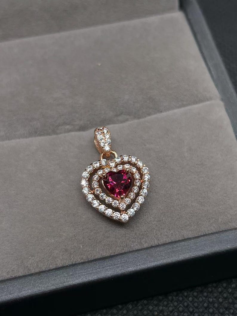 Natural Garnet Heart Pendant, Sterling Silver Double Halo Necklace - Etsy