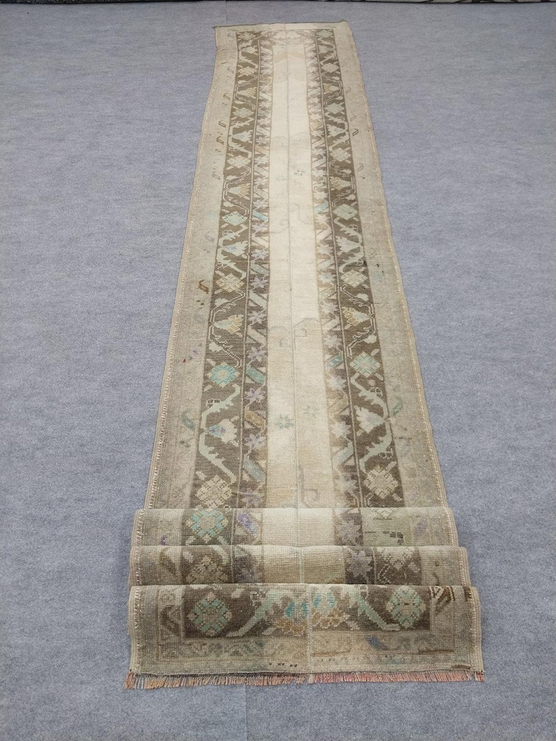 2x12 Vintage Turkish Runner Rug, Handwoven Oushak Blue Beige Hallway ...