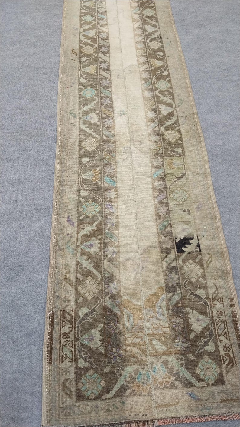 2x12 Vintage Turkish Runner Rug, Handwoven Oushak Blue Beige Hallway ...
