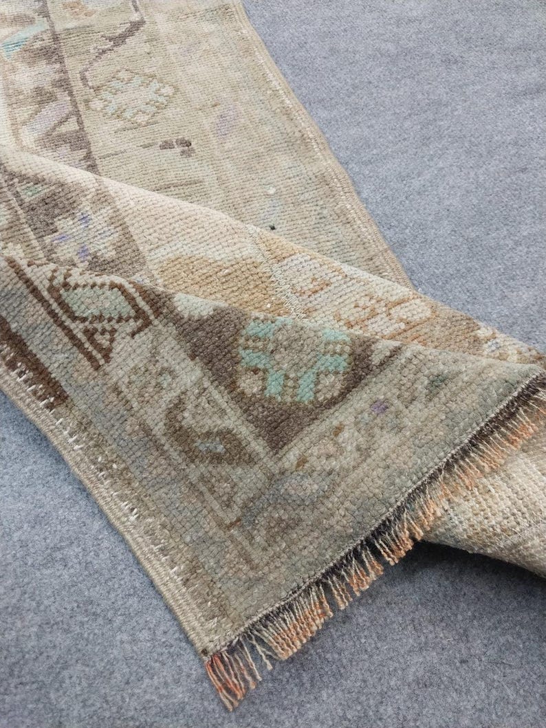 2x12 Vintage Turkish Runner Rug, Handwoven Oushak Blue Beige Hallway ...