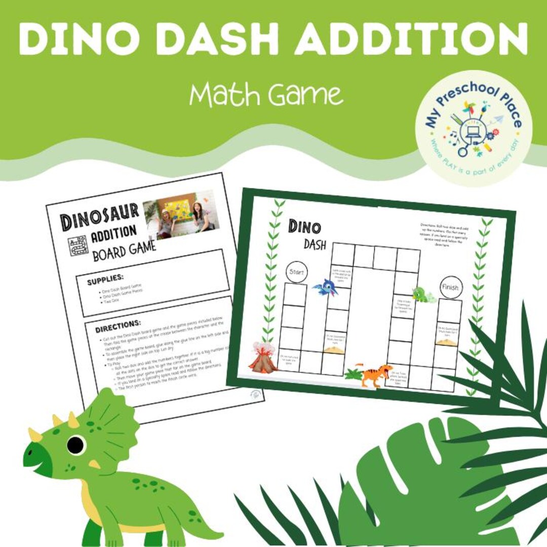 Dino Dash Addition Math Game, Dinosaur Addition Game for Preschoolers ...