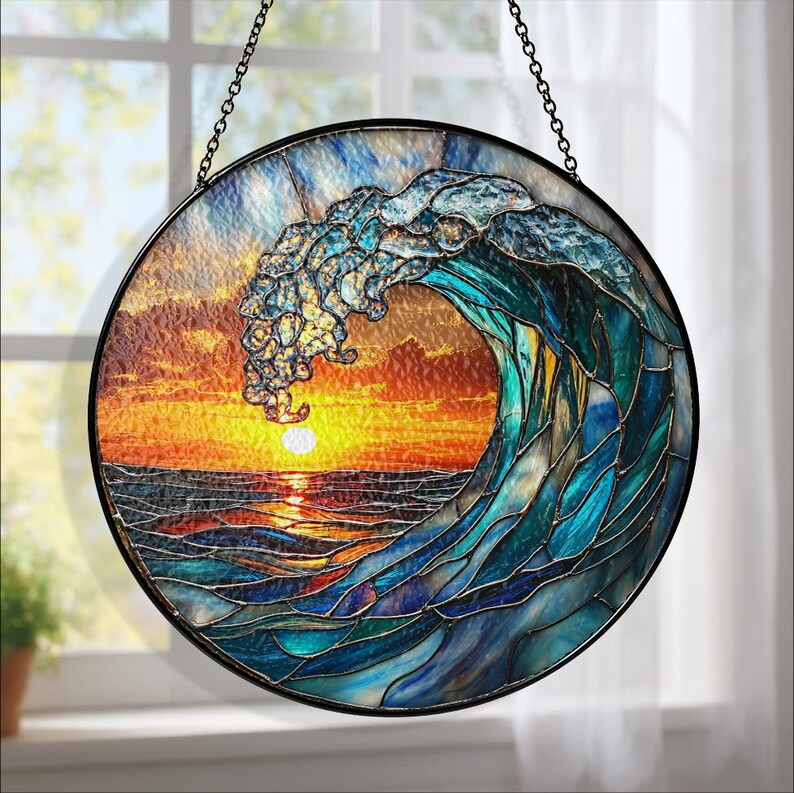 Ocean Wave Sunset Suncatcher, Stained Glass Window Decor - Etsy