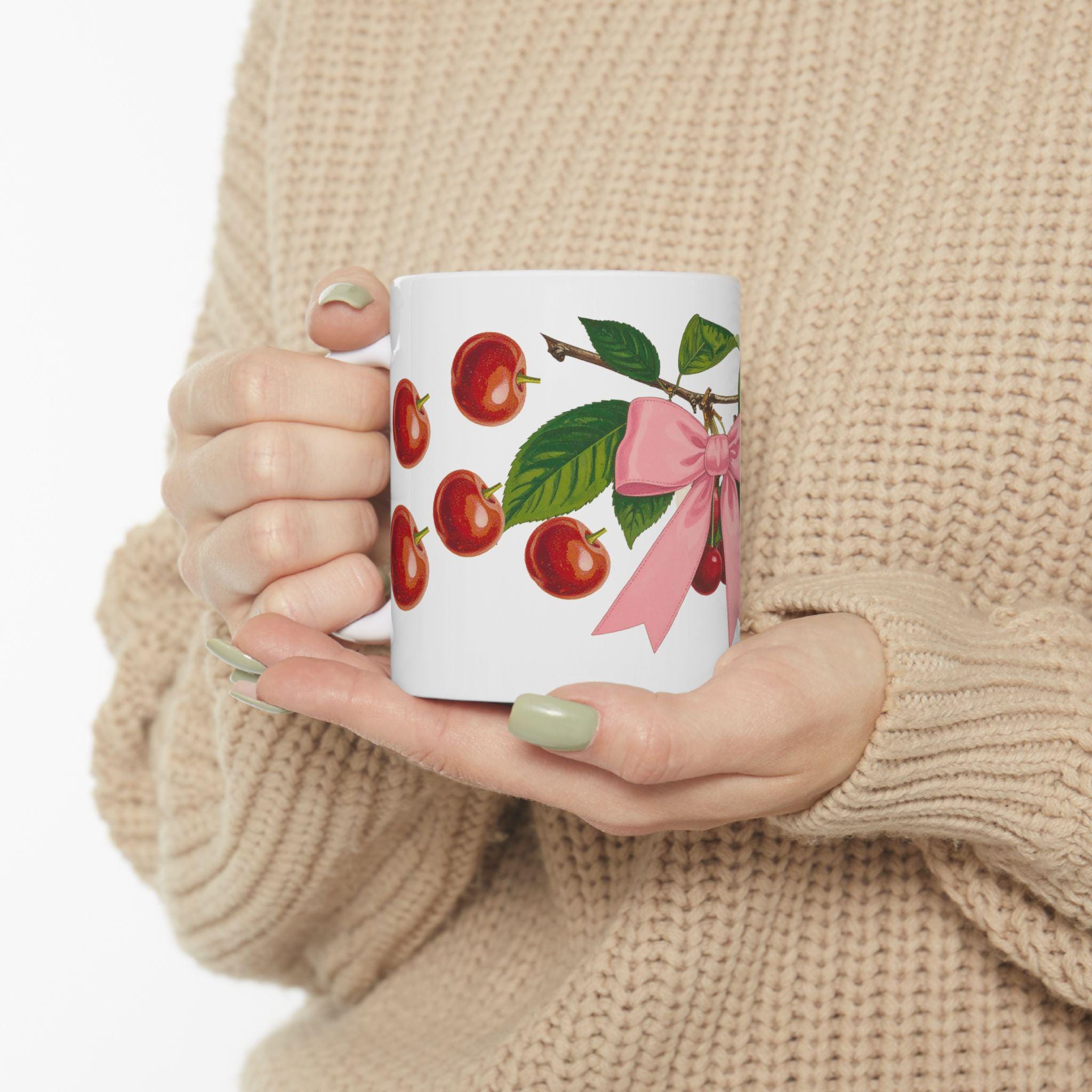 Bow Cherry Ceramic Mug, Cute Bow and Cherry Design, Coffee Cup, Tea Mug ...