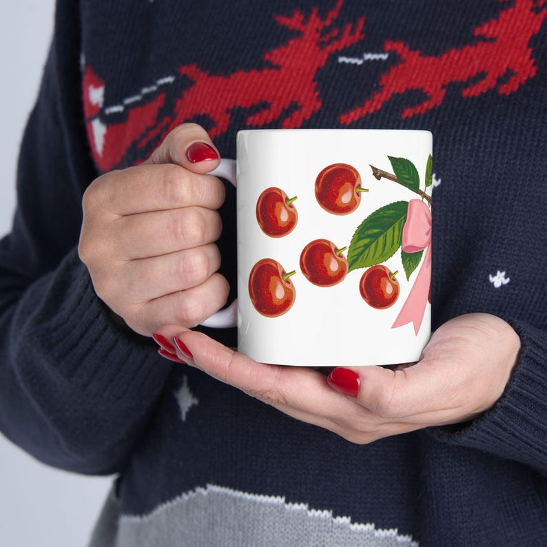 Bow Cherry Ceramic Mug, Cute Bow and Cherry Design, Coffee Cup, Tea Mug ...