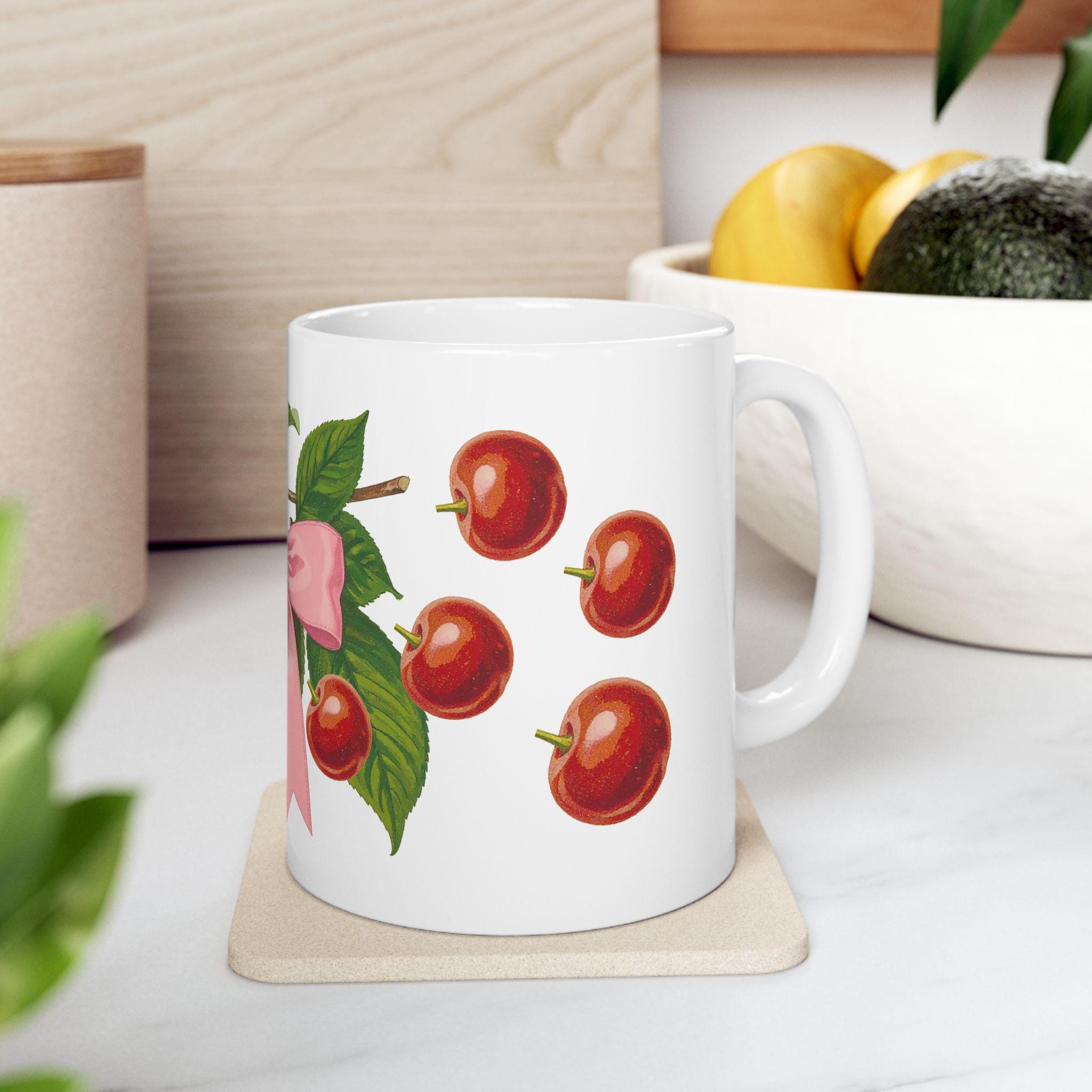 Bow Cherry Ceramic Mug, Cute Bow and Cherry Design, Coffee Cup, Tea Mug ...