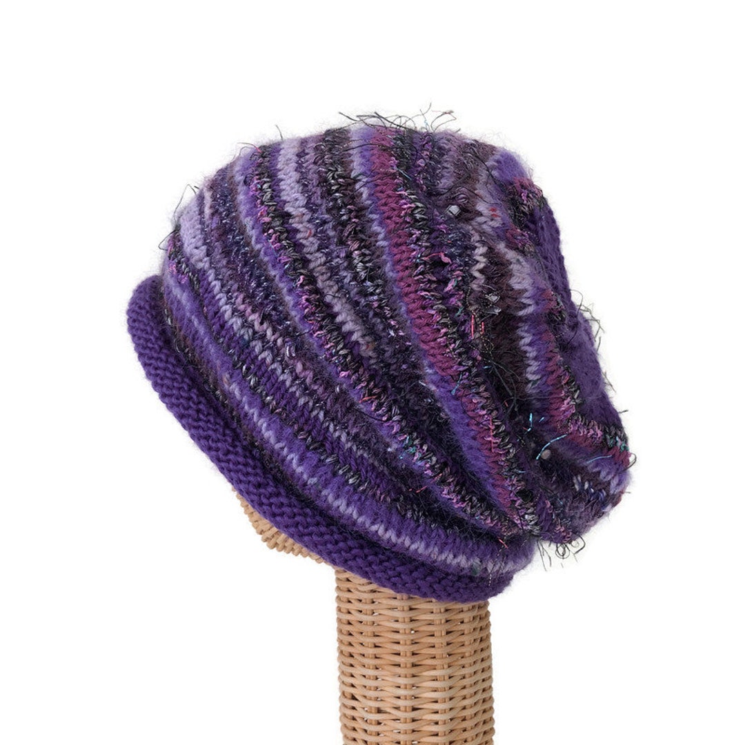 Purple Knit Slouchy Hat Wool Rolled Brim Cap - Etsy