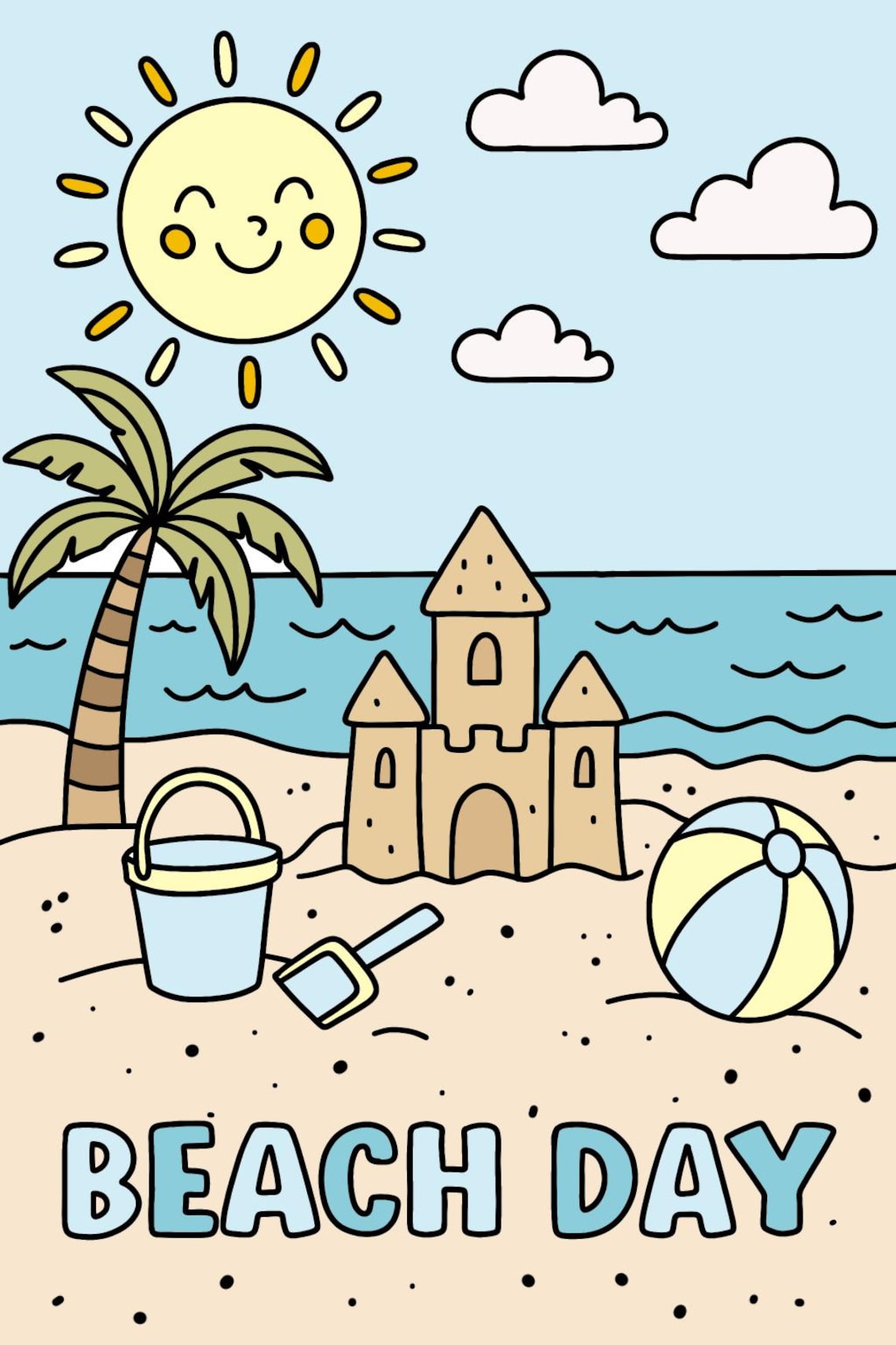 Summer Coloring Page for Kids - Printable PNG, Beach Day Activity Sheet ...