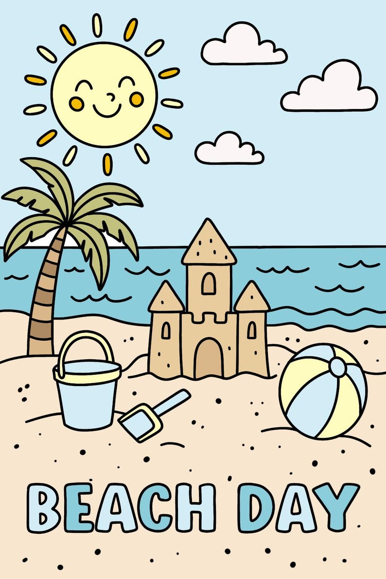 Beach Day Coloring Page: Summer Fun Activity (printable PNG) - Etsy