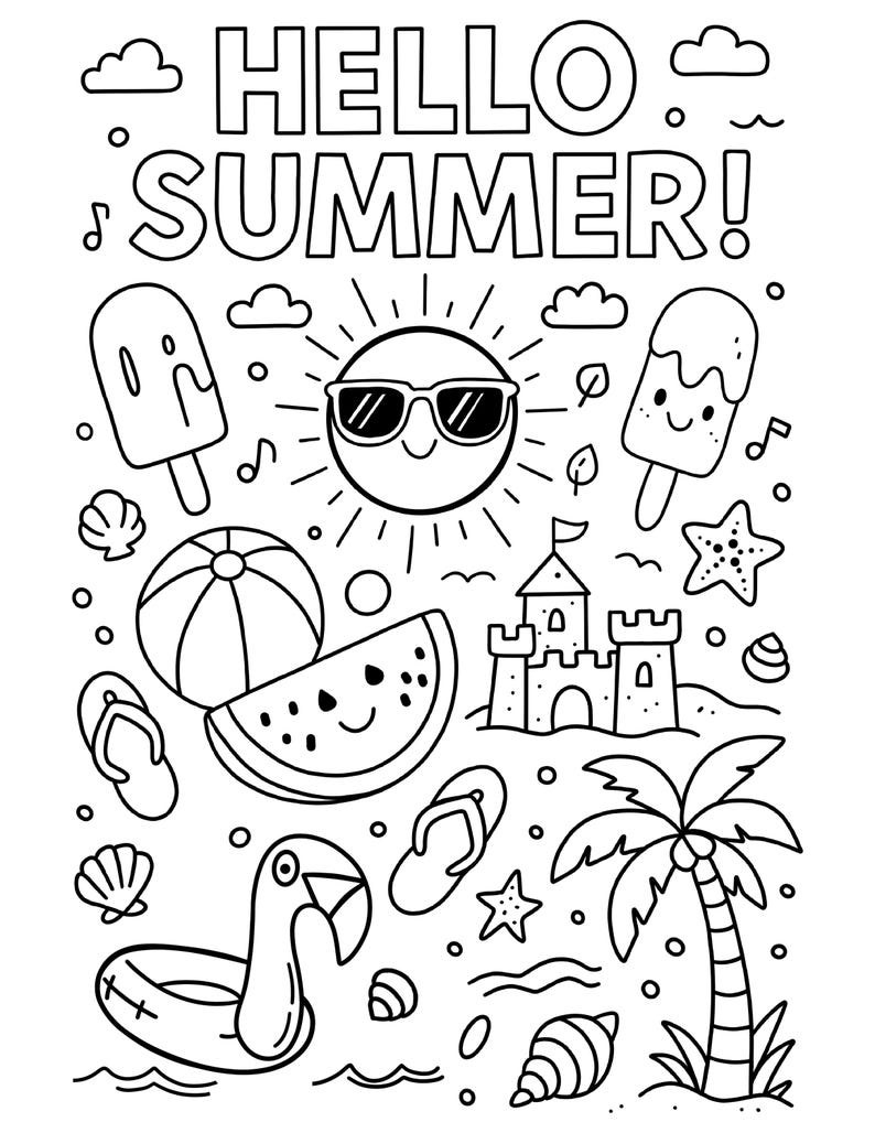 Hello Summer Coloring Page: Fun Summer Doodles (printable PNG) - Etsy