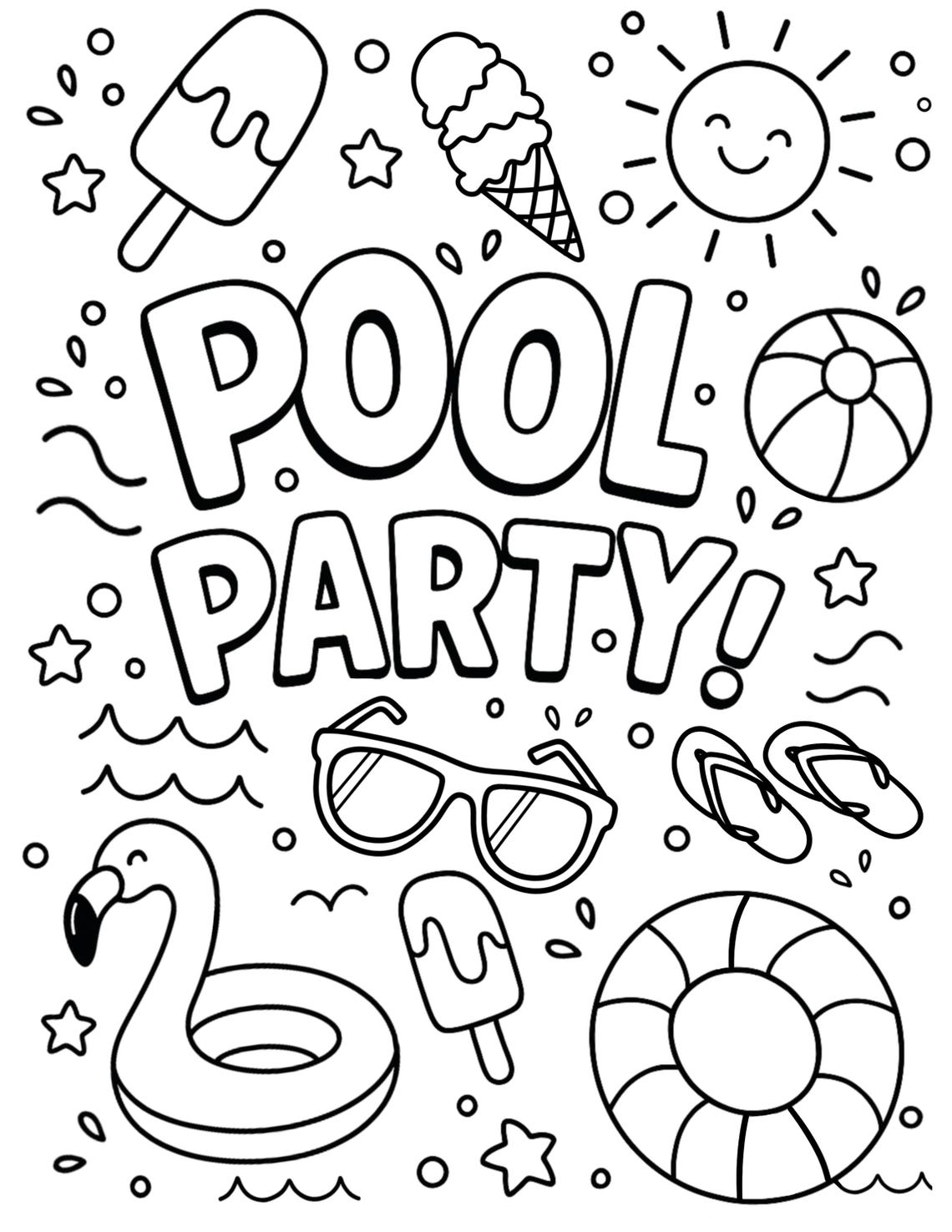 Summer Coloring Page for Kids - Printable PNG, Pool Party Activity ...