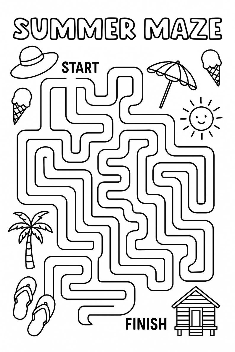 Summer Maze Coloring Page: Beach Theme Activity Sheet (printable PNG ...