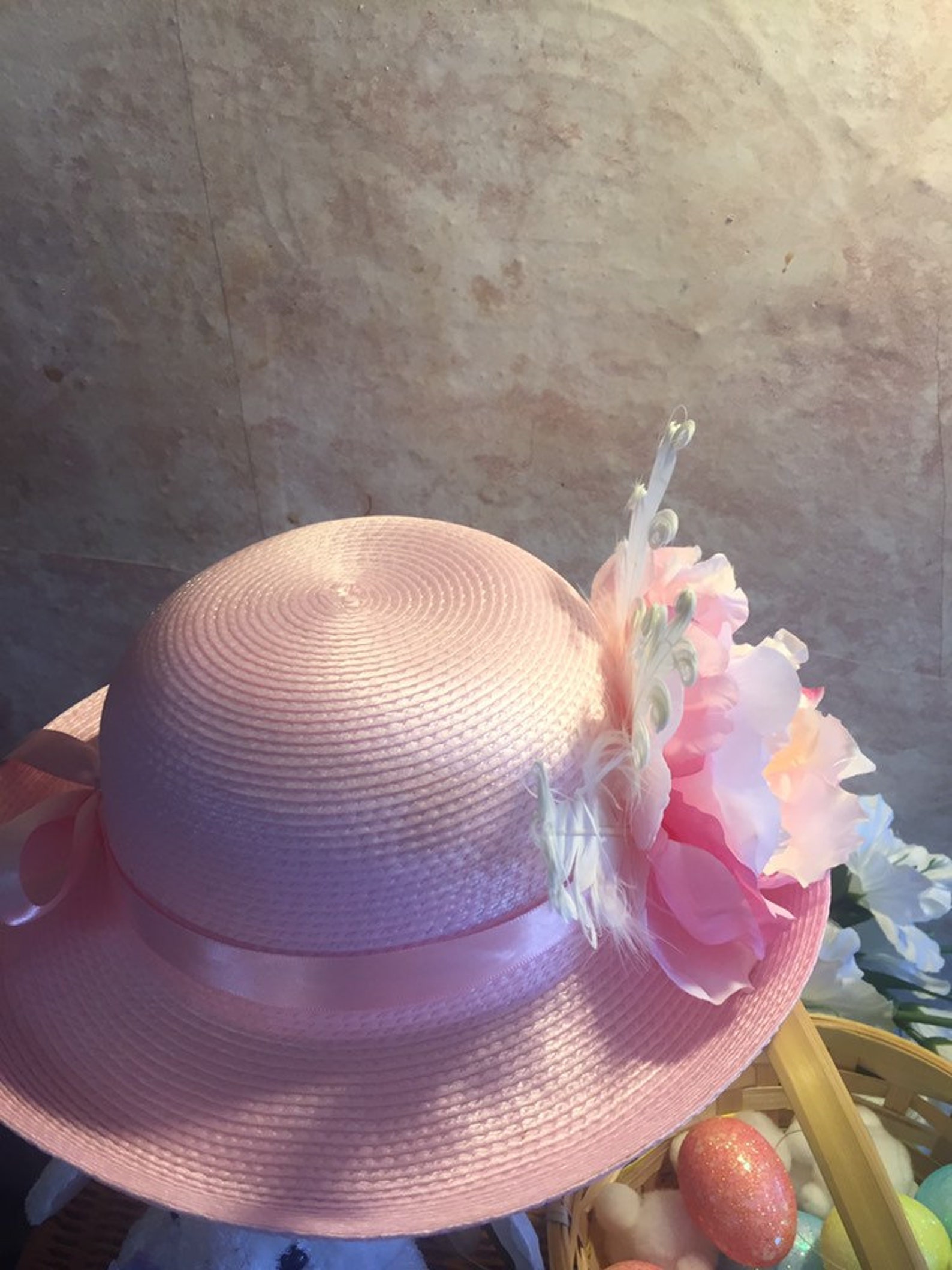 Girls Pink Derby Hat With Flower and Feather Church Hat for - Etsy
