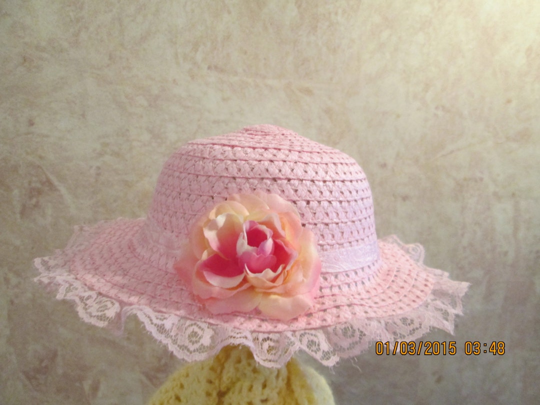 Girls Pink Straw Hat With Tea Rose and Lace - Girls Tea Party Hat - - Etsy