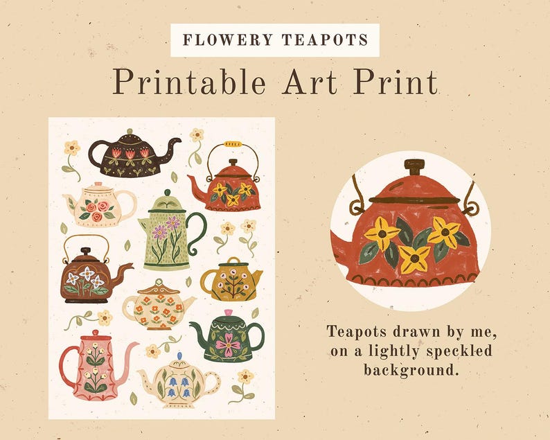 Flowery Teapots Printable Art | Digital Download | Hand Drawn Tea Lover ...