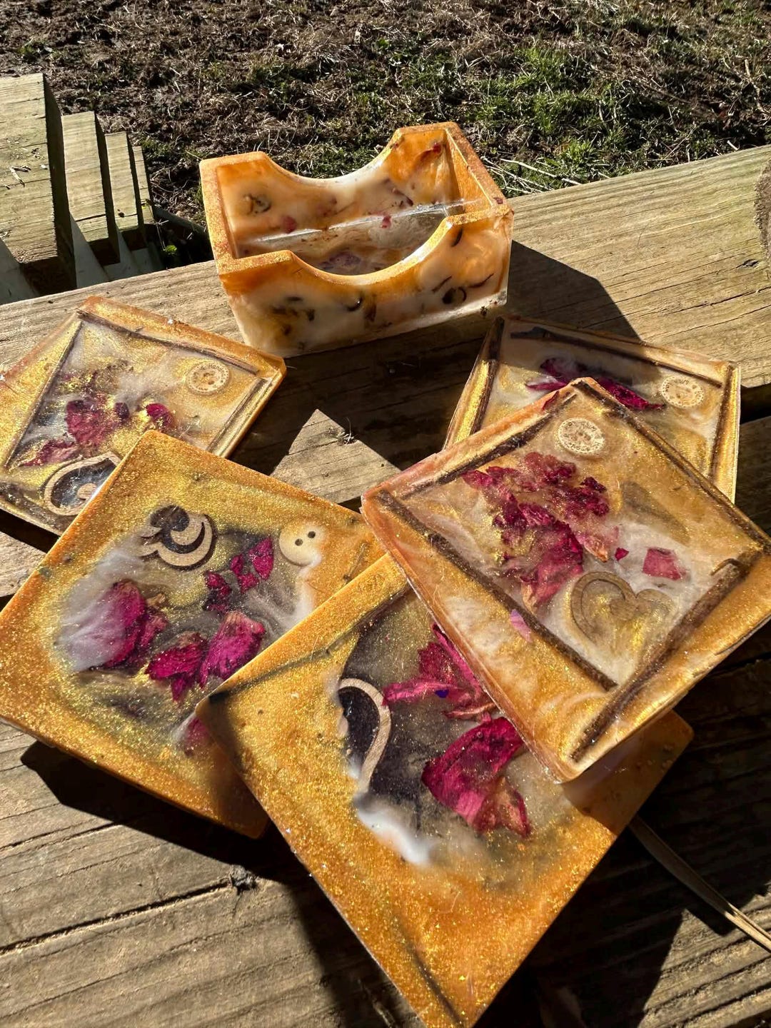Golden Dried Roses and Wood Resin Coasters With a Boho Flair - Etsy